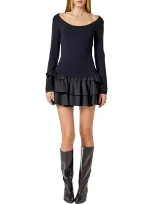 Endless Rose Mixed Media Long Sleeve Minidress - Black