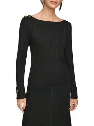 Donna Karan New York Button Detailed Ribbed Knit Sweater - Black