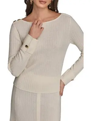Donna Karan New York Button Detailed Ribbed Knit Sweater - Cream