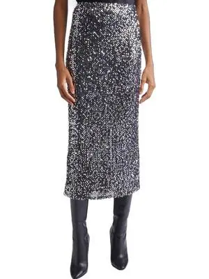 St. John Paillette Embroidered Metallic Mesh Skirt - Black Silver