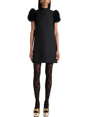 Valentino Garavani Feather Trim Crepe Couture Shift Dress - Black