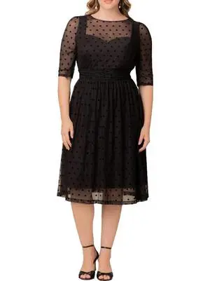 KIYONNA Vita Cocktail Flocked Polka Dot Dress - Noir Dot