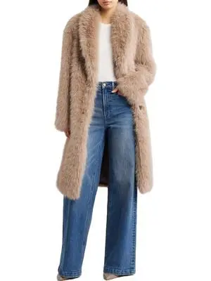 THREAD & SUPPLY Long Faux Fur Coat Brown