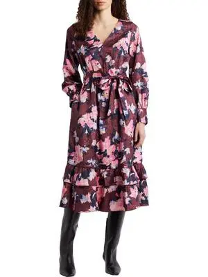 Caslon Ruffle Tie Waist Long Sleeve Midi Dress - Burgundy- Blue Georgia Blooms