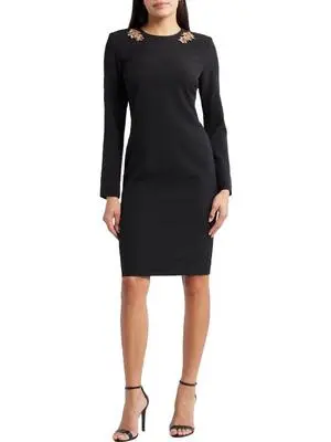 Anne Klein Rhinestone Long Sleeve Sheath Dress - Anne Black