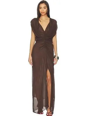 Courtney Zheng Ruched V-neck Gown - Dark Brown