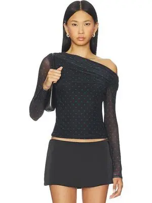 AFRM Barry Off-shoulder Top - Teal Micro Dot