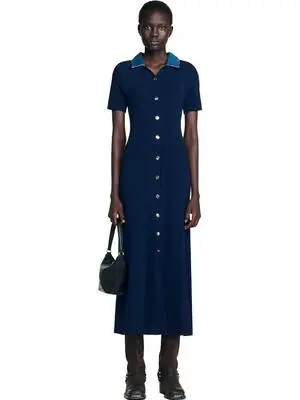 Sandro Denim Collar Knit Maxi Dress - Navy Blue