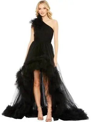 Mac Duggal Ruffled One Shoulder High Low Tulle Gown - Black