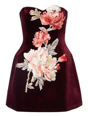 LEO LIN Rosario Floral-appliqué Velvet Minidress - Burgundy