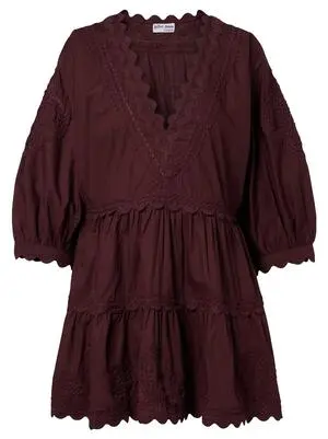 JULIET DUNN Scalloped Cotton Poplin Mini Dress - Burgundy
