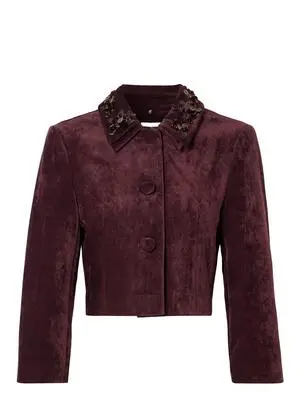 SHUSHU/TONG Cropped Embellished Velvet Jacket - Burgundy