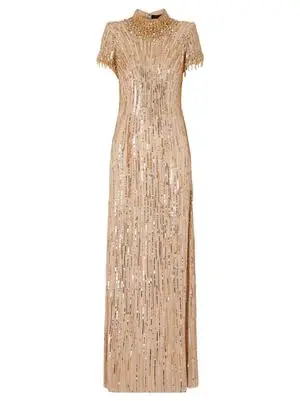Jenny Packham Madeleine Embellished Chiffon Gown - Gold