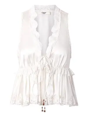 Chloé Lace-trimmed Silk-satin Peplum Blouse - White