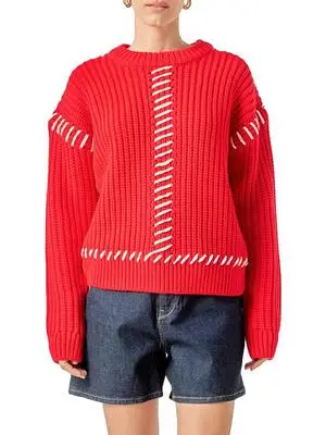 English Factory Stitch Detail Chunky Sweater - Red/white