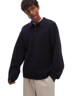 Topman Oversized Long Sleeve Sweater Polo - Navy