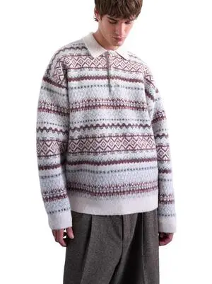 Topman Fair Isle Stripe Long Sleeve Polo - Ecru