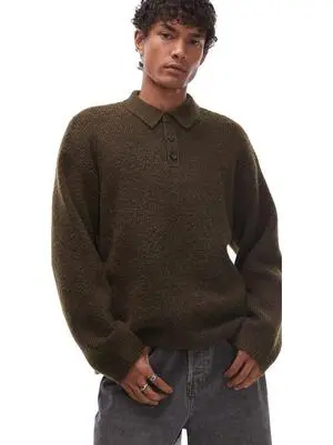 Topman Oversized Long Sleeve Sweater Polo - Khaki