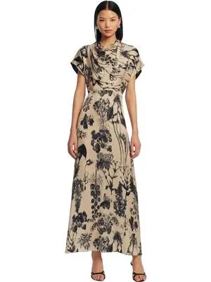 Lela Rose Floral Satin Cowl Neck Dress - Brown