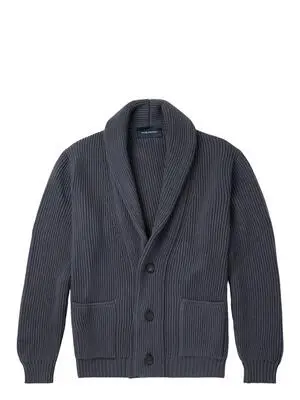 Thom Sweeney Shawl-collar Ribbed Wool Cardigan - Blue