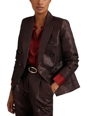 REISS Double Breasted Metallic Blazer - Burgundy