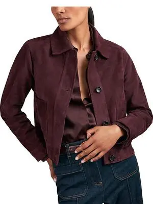 REISS Fitted Suede Jacket - Burgundy