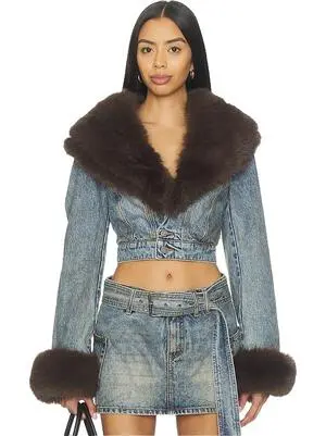 AFRM Low Neck Denim Jacket With Faux Fur - Dusty Tint Wash