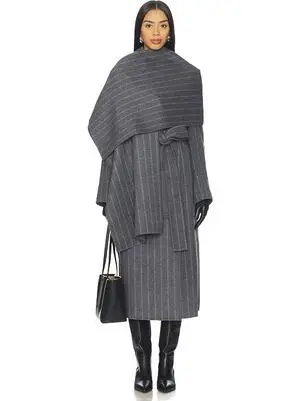 NICHOLAS Candice Scarf Double Wool Long Coat - Charcoal Pinstripe