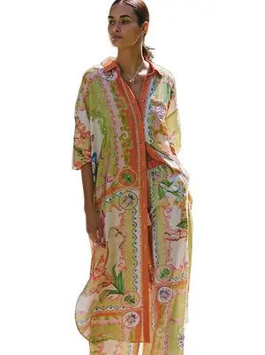 CELANDINE Long-sleeve Sheer Maxi Shirt Dress Top - Multi Floral