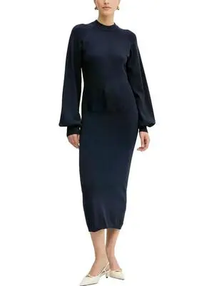 SILVIAN HEACH Balloon-Sleeve Ribbed Midi Dress Blue
