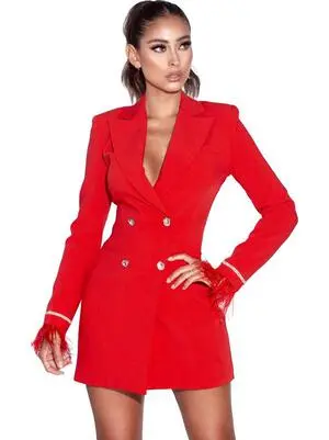 MISS CIRCLE Backless Feather Crystal Sleeve Blazer Dress - Red