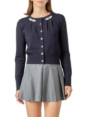 English Factory Pearly Bead & Rhinestone Cardigan - Navy