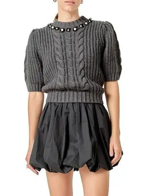 English Factory Pearly Bead Cable Knit Sweater - Charcoal