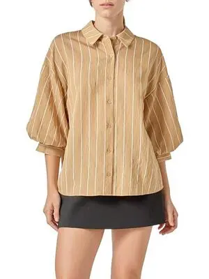 English Factory Striped Balloon Sleeve Shirt - Tan/white