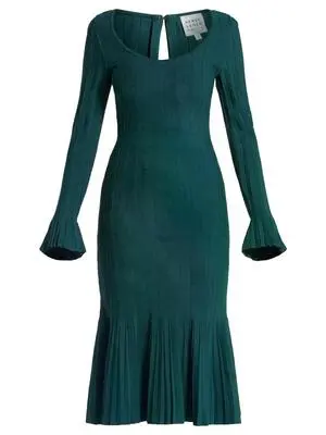 Herve Leger Alena Bell-Sleeve Plissé Midi Dress Green