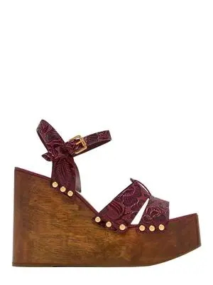 Farm Rio Floral-embossed Platform Wedge Sandals - Red