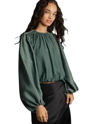 Anthropologie Cropped Puff-sleeve Bubble-hem Blouse - Dried Rosemary