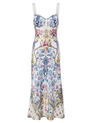 Camilla Embellished Printed Silk Satin Midi Dress - White