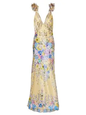 Camilla Embellished Floral Silk Satin Maxi Dress - Yellow