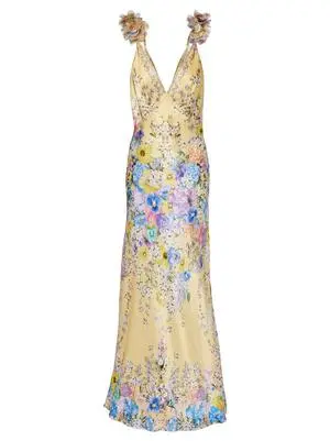 Camilla Embellished Floral Silk Satin Maxi Dress Yellow