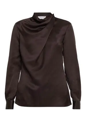 Gabriela Hearst Marcela Cowl-Neck Textured Silk Long-Sleeve Top Chocolate