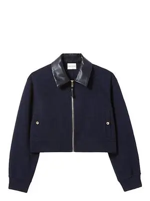 Claudie Pierlot Wool-blend Jacket With Faux-leather Collar - Navy