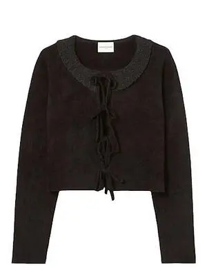 Claudie Pierlot Cropped Tie-front Velour Cardigan - Black