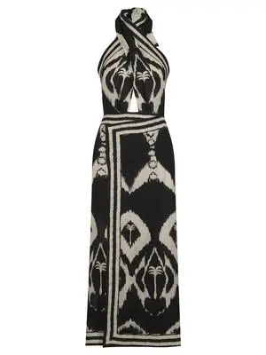 Johanna Ortiz Johanna Ortiz Buen Viento Printed Linen Halterneck Midi Dress Black