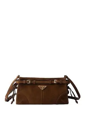 Prada Suede Handbag With Detachable Strap - Brown