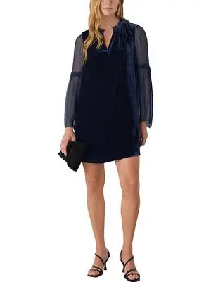 Whistles Velvet Sheer Sleeve Dress - Navy