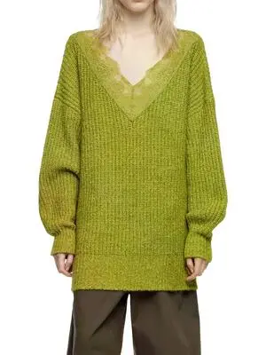 Bimba Y Lola V-neck Lace-trimmed Sweater - Green