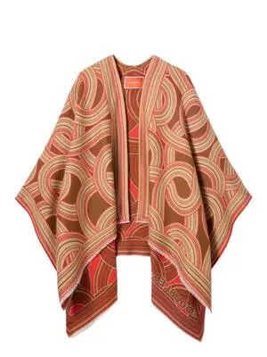 La DoubleJ Patterned Fringed Wool Poncho - Brown
