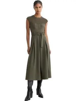 REISS Ava Mesh-panel Belted Pleated Midi Dress - Khaki Green