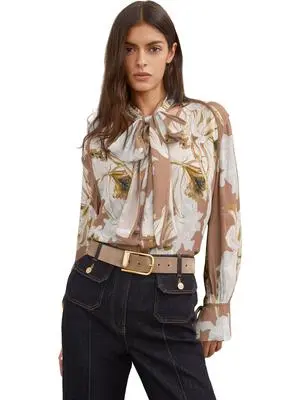REISS Floral-print Tie-neck Blouse - Pink/ivory
